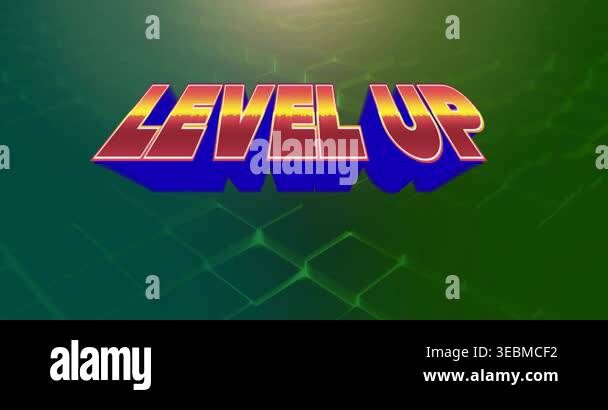 Animation of level up text over shapes on green background. social ...