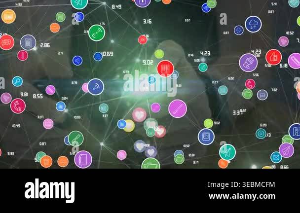 Animation of social media icons over network of connections. global ...