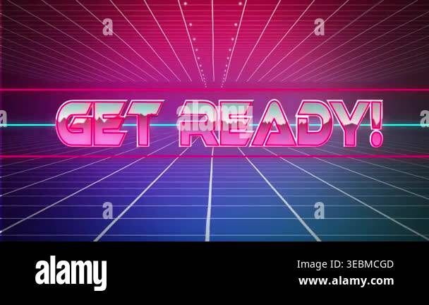 Animation of get ready text over grid on dark background. video game ...