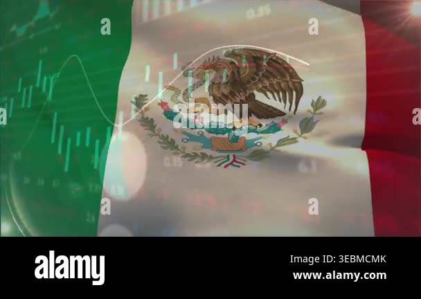 Mexican flag rippling from digital wind, teal bars rising, line moving ...