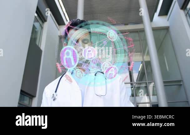 Doctor walking atrium, holographic network appearing and reacting to ...
