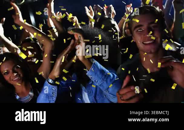 Animation of confetti falling over diverse people at party. Party and ...
