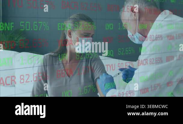 Animation of data processing over caucasian male doctor vaccinating ...