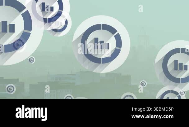 Animation of multiple bar graph icons floating against aerial view of ...