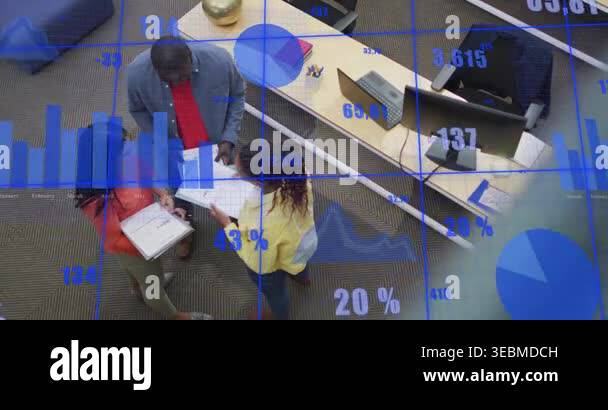 Animation of blue charts processing over diverse colleagues in ...