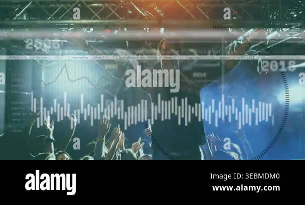 Overlaying financial data charts, concert crowd raising hands in ...