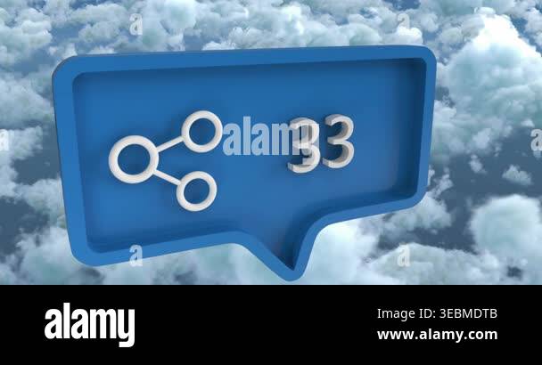 Animation of heart share icon with numbers on speech bubble over sky ...