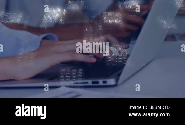 3D render showing hands typing on laptop keyboard, with binary digits ...