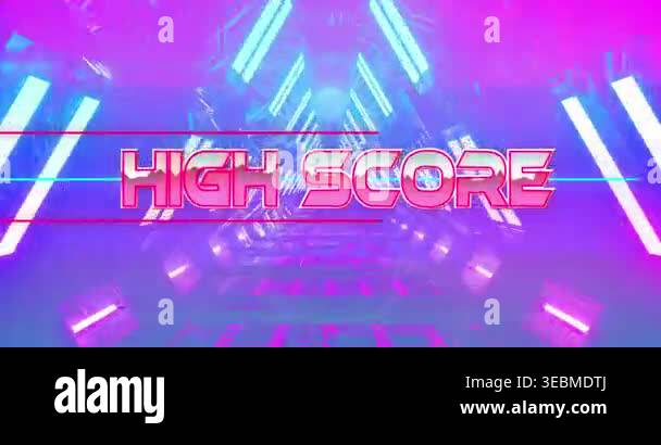 Animation of high score text banner against neon tunnel in seamless ...