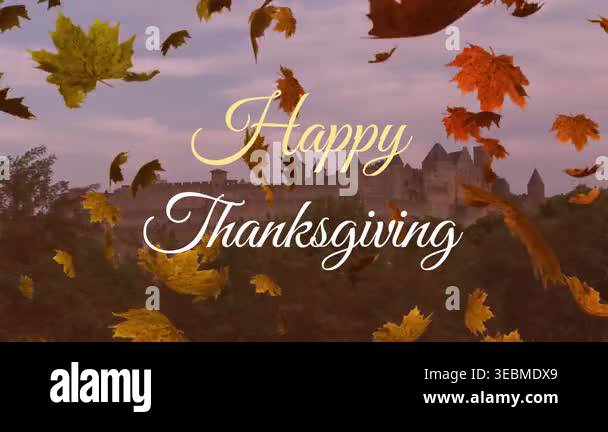 Animation of happy thanksgiving text and autumn leaves falling over ...