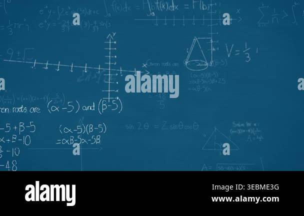 Animation of mathematical equations over blue background. Global ...