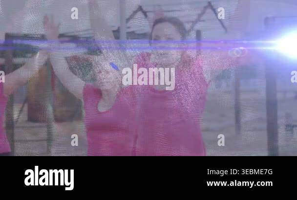 Exercising outdoors, women with digital data animation overlay and lens ...