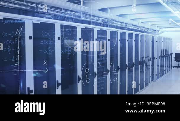 Animation of mathematical equations floating against computer server ...