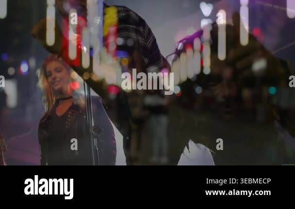 man singing into microphone on neon street at night, with animated ...