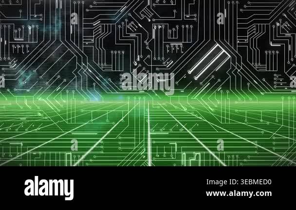 Animation of computer circuit board and network of connections. Global ...
