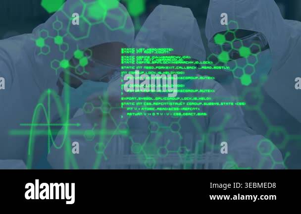 Animation of data processing over caucasian male and female scientists ...
