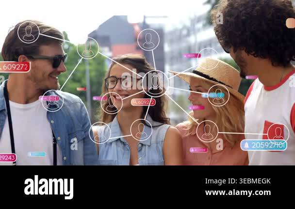 Animation of network of connections with icons over diverse group of ...