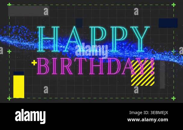 Animation of happy birthday text over shapes. Social media and digital ...