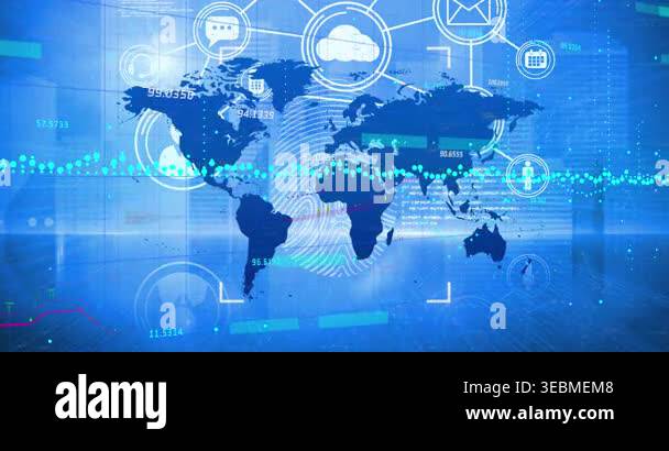 Animation of networks of connections and world map over cityscape ...