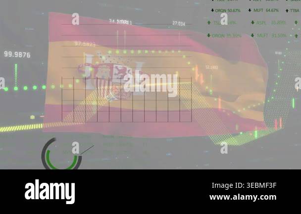 Animation of graphs and data processing over flag of spain on grey ...