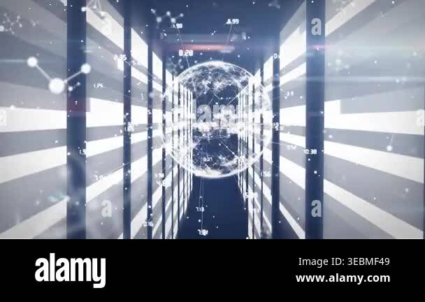 Animation of globe with text over server room. Global connections ...