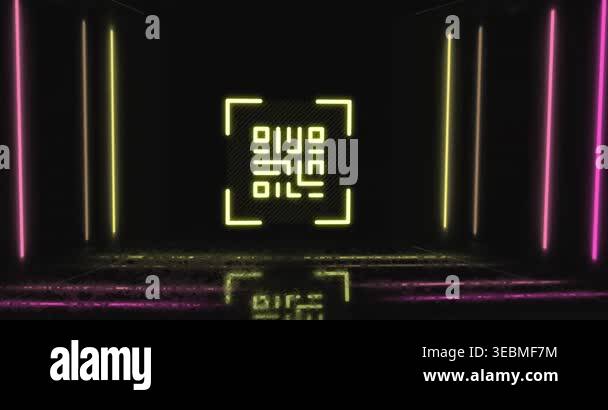 Animation of neon qr code scanner and light trails against black ...