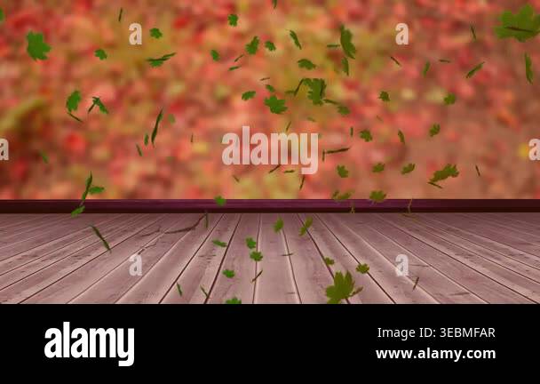 Animation of autumn leaves falling over trees and wooden surface ...