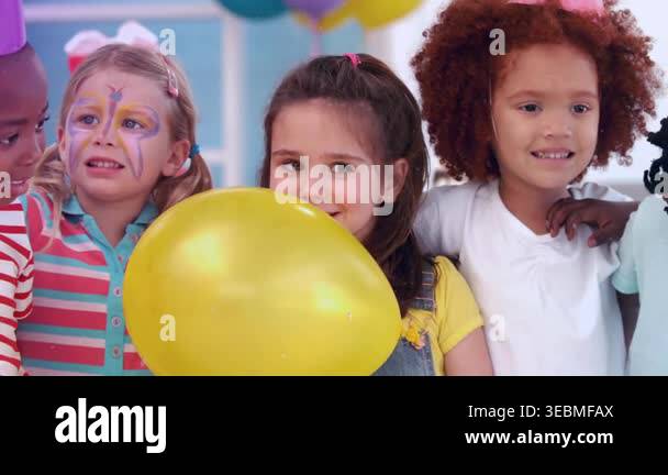 Animation of confetti over diverse happy children having fun at party ...