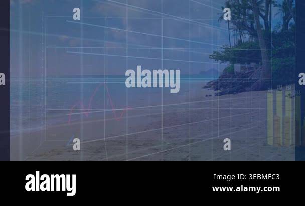Semi-transparent data overlaying tropical beach, showing line and bar ...