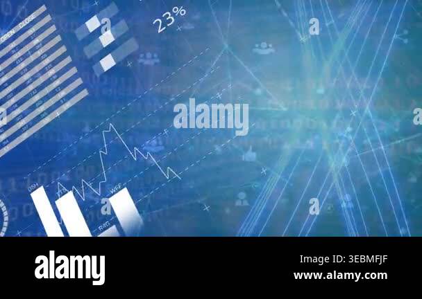 Animation of graphs over data processing on blue background. data ...