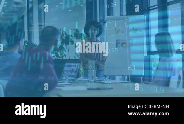 Presenter beside chart pointing and annotating, causing finance ...