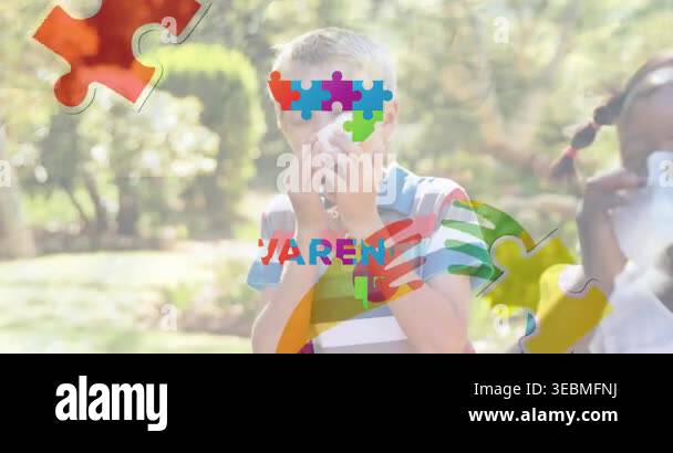 Animations of colorful puzzle pieces and ribbon over diverse group of ...