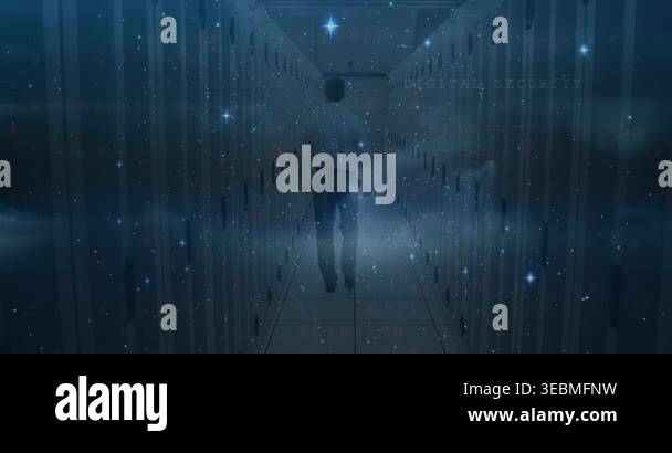 Animation of cyber security data processing and stars over male ...