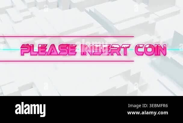Animation of please insert coin text banner against 3d concentric ...