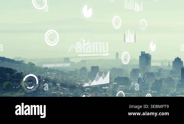 Animation of diagrams and data processing over cityscape. Global ...