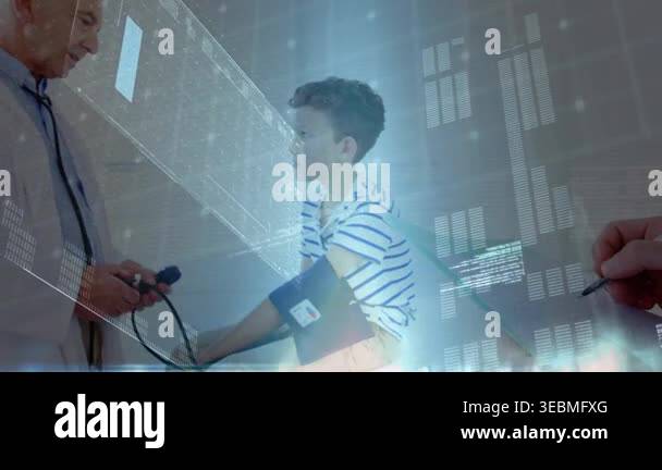 Animation of data processing with light trails over diverse doctor and ...