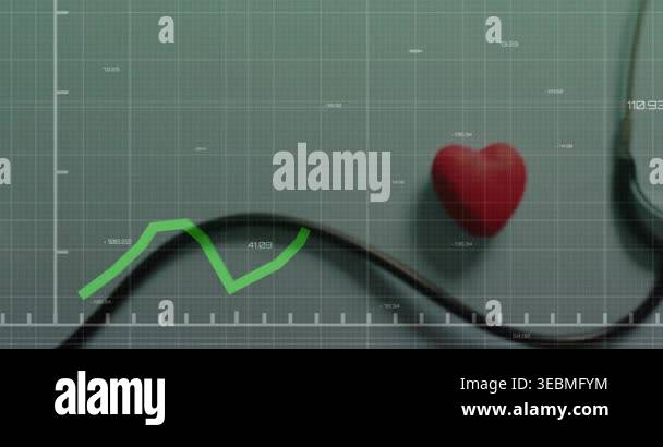 Animation of stethoscope and heart shape over fluctuating line graph on ...