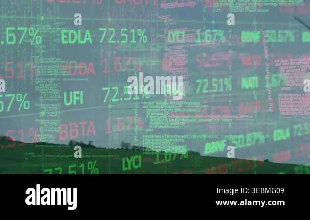 Animation of trading board, computer language over windmill on green ...