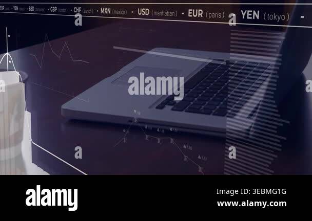 Currency ticker updating, 3D bars and line graph animating over laptop ...