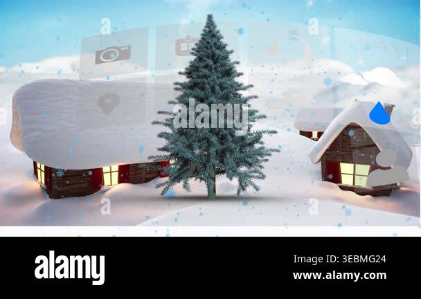 Animation of icons and christmas tree with decorations in winter ...