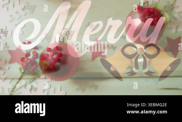 Animation of merry text over christmas baubles. Christmas, celebration ...