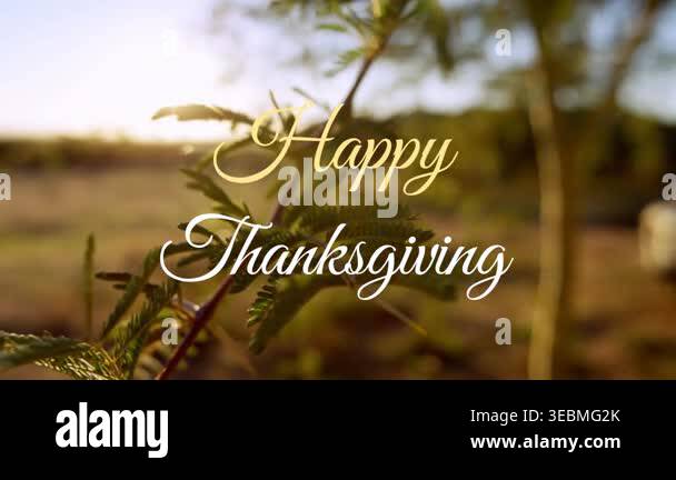 Animation of happy thanksgiving text over landscape. Thanksgiving day ...