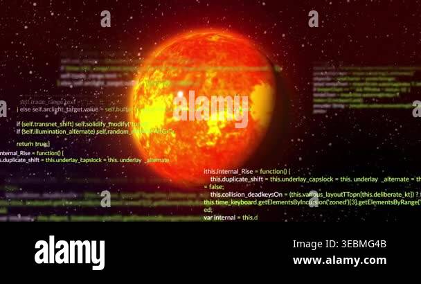 Animation of data text processing data over orange globe in space. Data ...