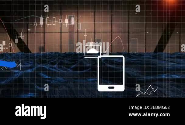 Animation of digital icons and statistical data processing against blue ...