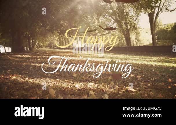 Animation of happy thanksgiving text and autumn leaves falling over ...