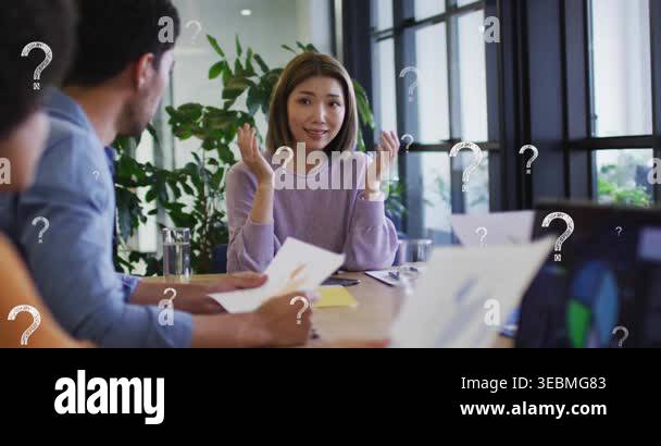 Animation of question marks over diverse business people having meeting ...