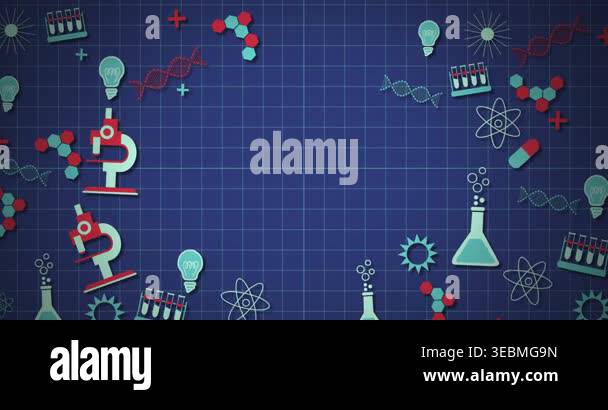 Animation of multiple science concept icons against copy space on blue ...