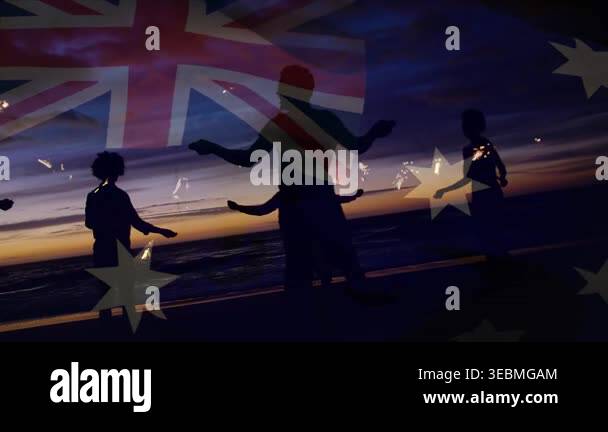 Animation of waving australia flag over group of diverse friends on the ...