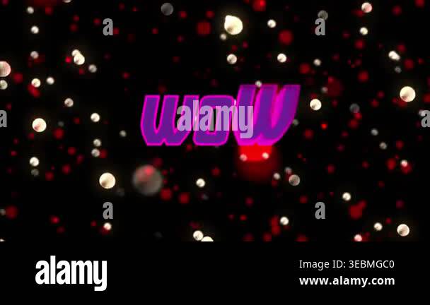 Animation of wow text over light spots on black background. Social ...