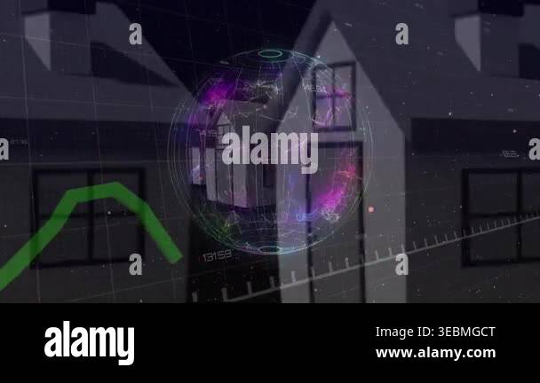 Animation of globe, green line and data processing over house. Global ...